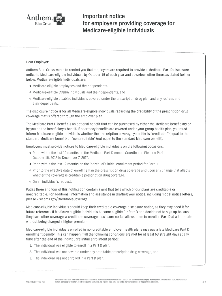 Fillable Online Creditable Coverage and Disclosure - Anthem Blue Cross ...