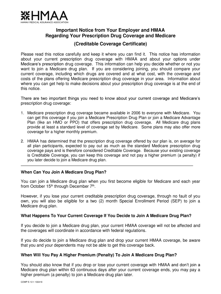 Fillable Online Certificate Of Creditable Coverage Medicare Part D 