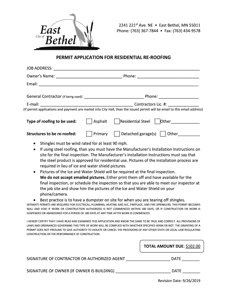 Fillable Online permit application for residential re-roofing - East Bethel Fax Email Print ...