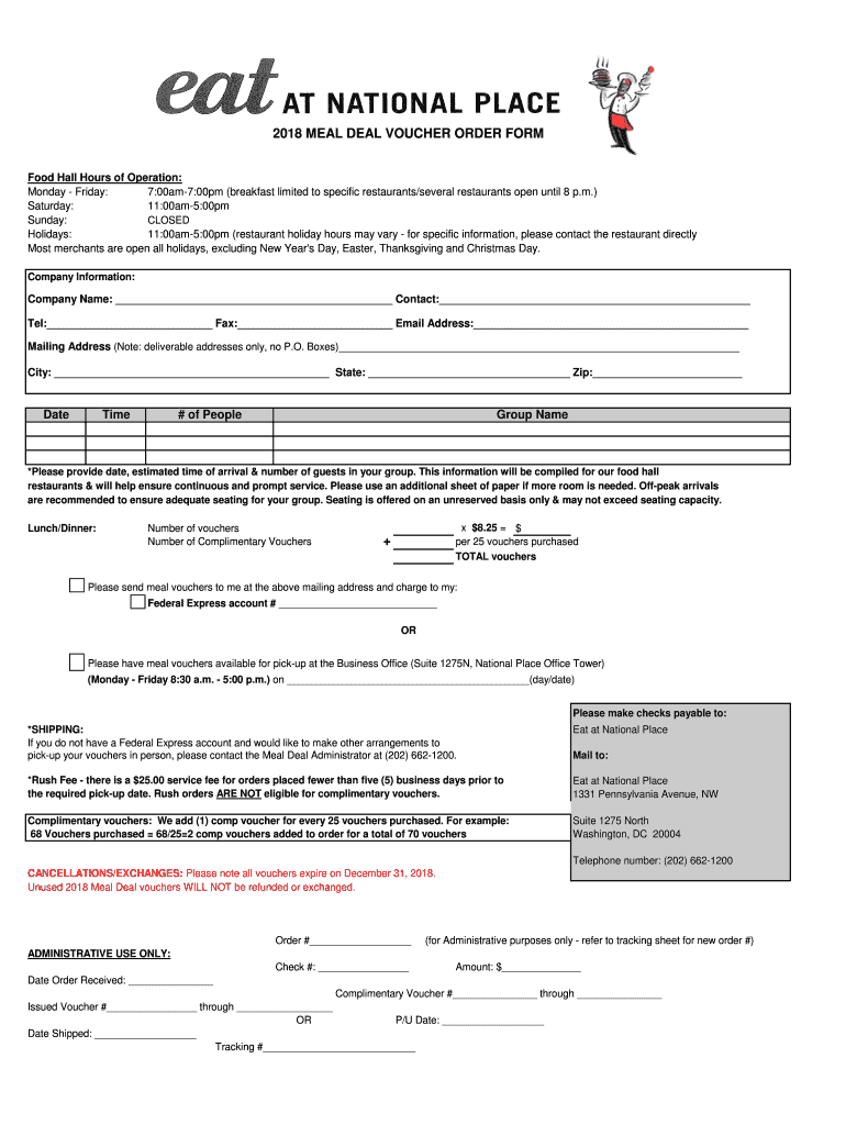 Fillable Online 2018 MEAL DEAL VOUCHER ORDER FORM Fax Email Print ...