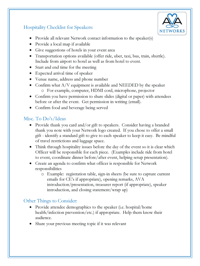 Fillable Online Hospitality Checklist for Speakers Fax Email Print ...