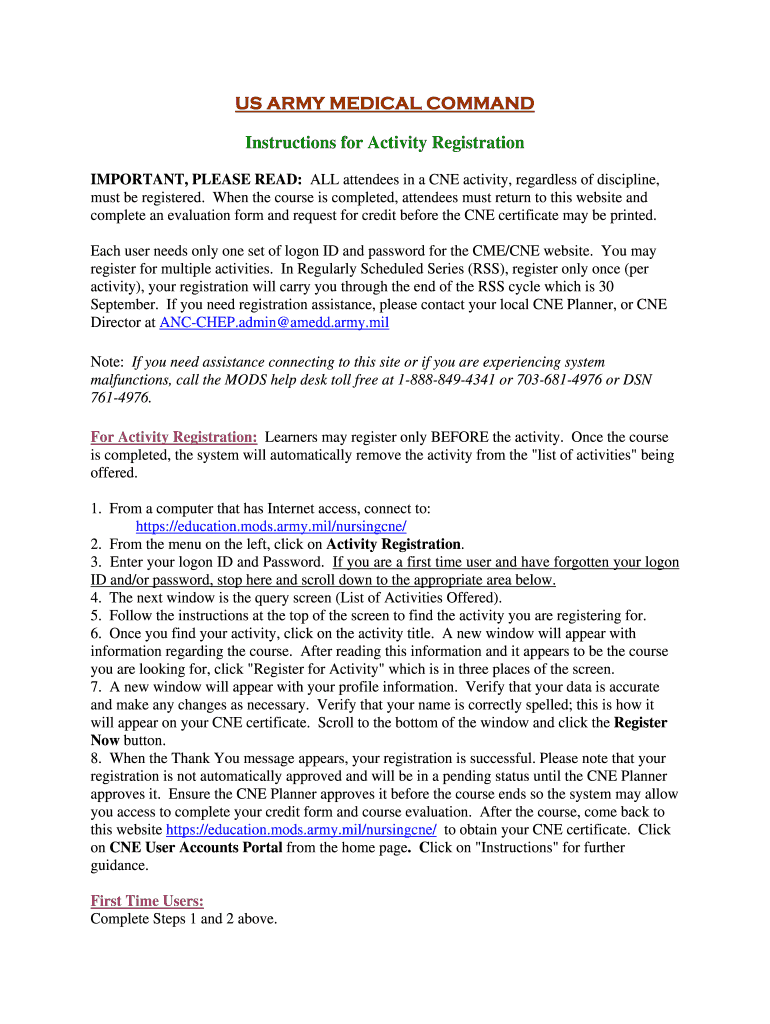 Fillable Online US ARMY MEDICAL COMMAND Instructions for Activity ...