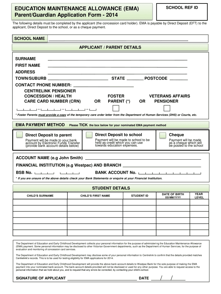 Fillable Online EDUCATION MAINTENANCE ALLOWANCE (EMA) SCHOOL REF ID ...
