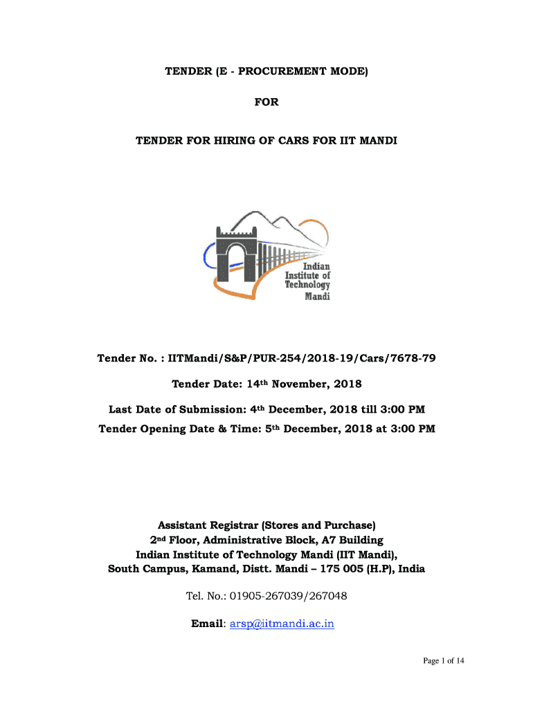 Fillable Online TENDER (E - PROCUREMENT MODE) FOR TENDER ... - iitmandi ...