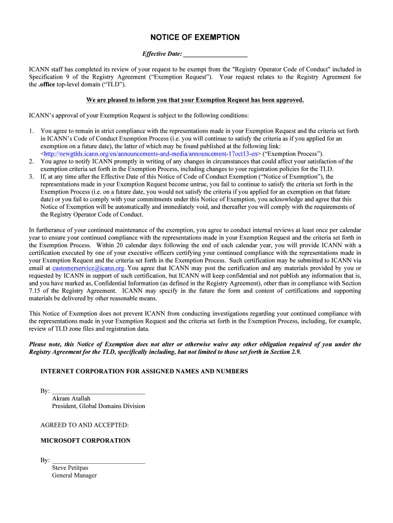 Fillable Online office MicrosoftCorporation P1184 NOTICE OF EXEMPTION ...