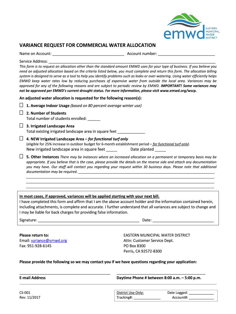 Fillable Online Variance Request Form - Eastern Municipal Water ...
