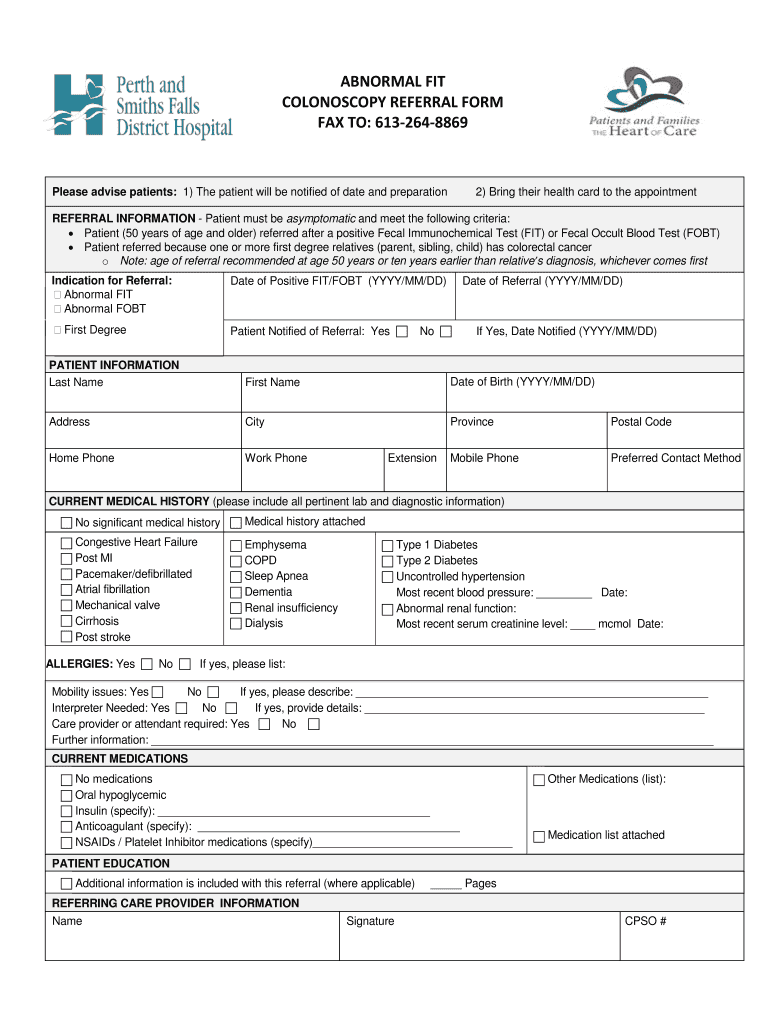 Fillable Online ABNORMAL FIT COLONOSCOPY REFERRAL FORM FAX TO ... Fax ...