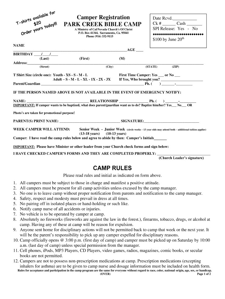 Fillable Online Date Rcvd. Camper Registration Ck # Cash PARK CREEK ...