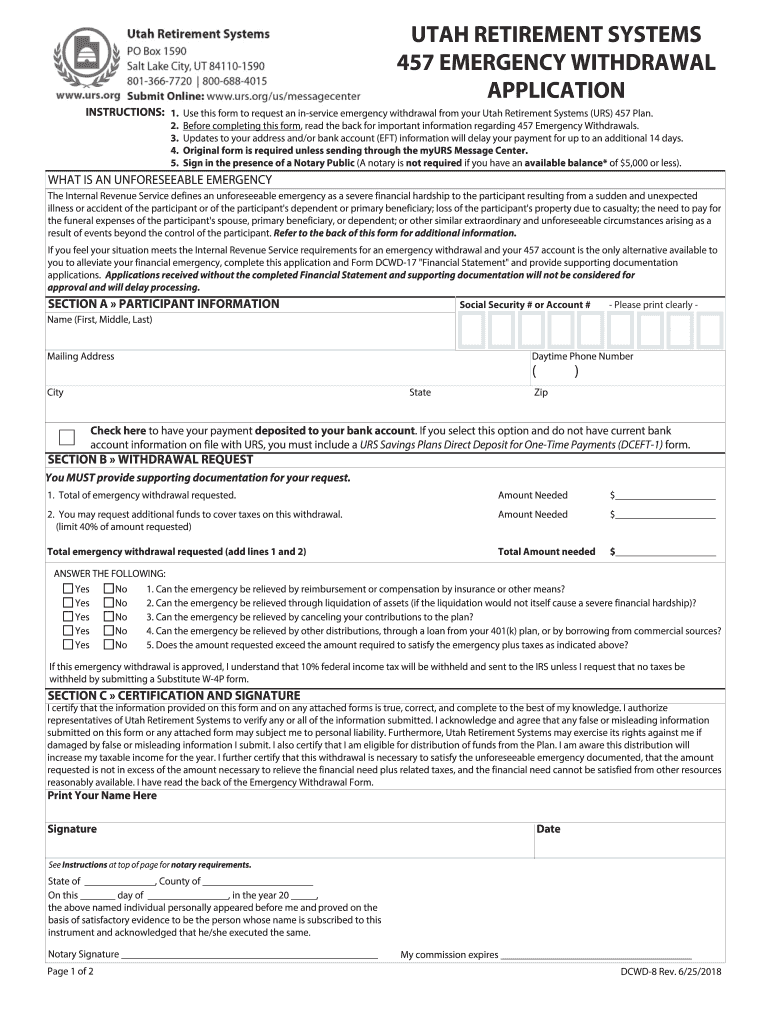 Fillable Online utah retirement systems 457 emergency withdrawal ...