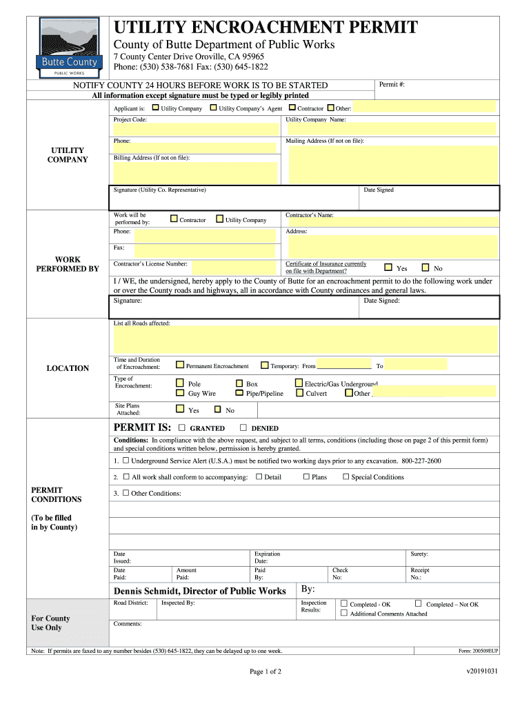Fillable Online utility encroachment permit - Butte County Fax Email ...