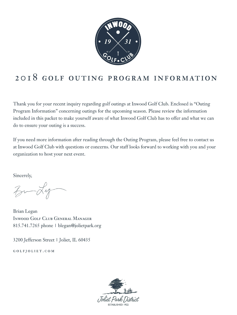 Fillable Online Inwood Outings - Joliet Park District Golf Courses Fax ...