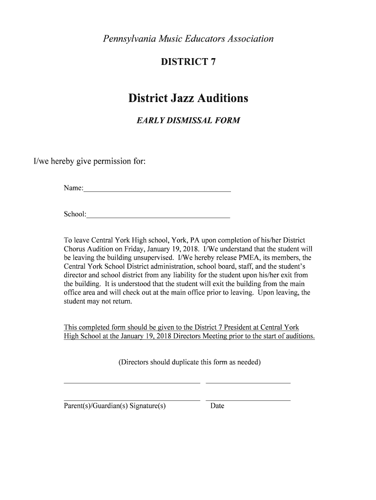 Fillable Online Fillable Online pmeadistrict7 Early dismissal form - PMEA ... Fax Email Print ...