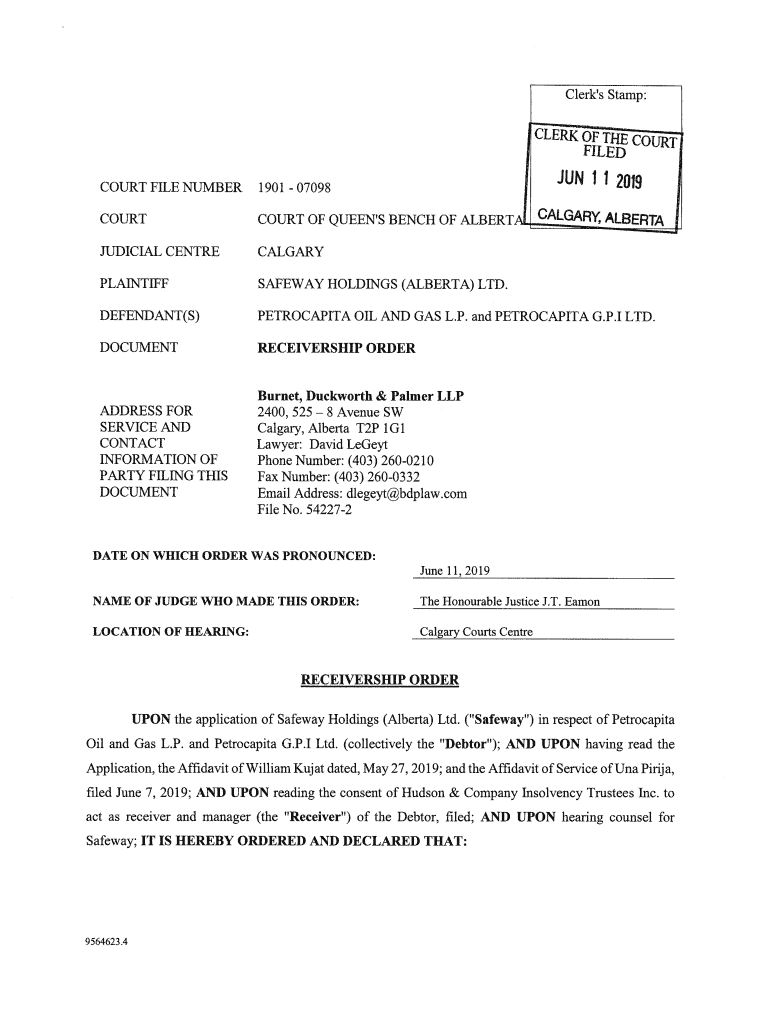 Fillable Online COURT OF QUEEN'S BENCH OF ALBERTAl CALGARY, ALBFRTA Fax ...