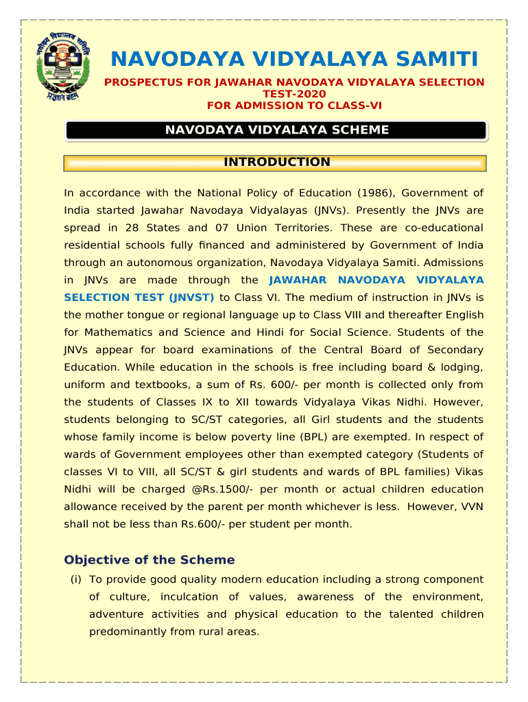 Jawahar Navodaya Vidyalaya Admission Test 2020 for Class 6 ...