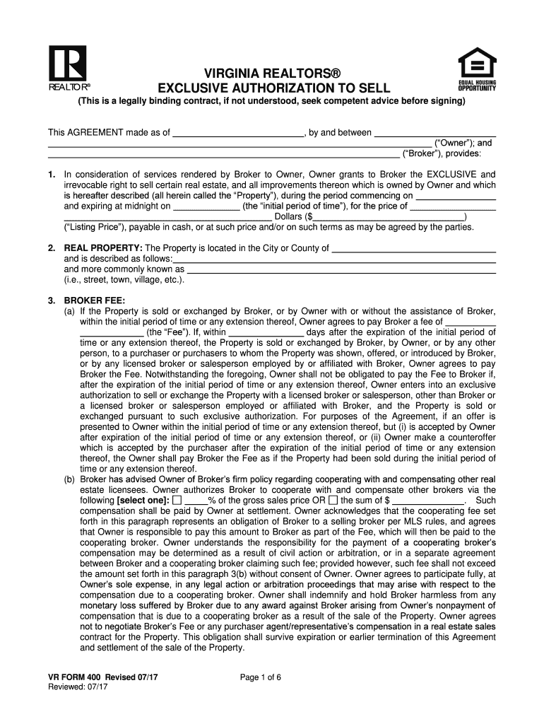 Fillable Online Virginia REALTORS Form 400 - Exclusive Authorization to ...