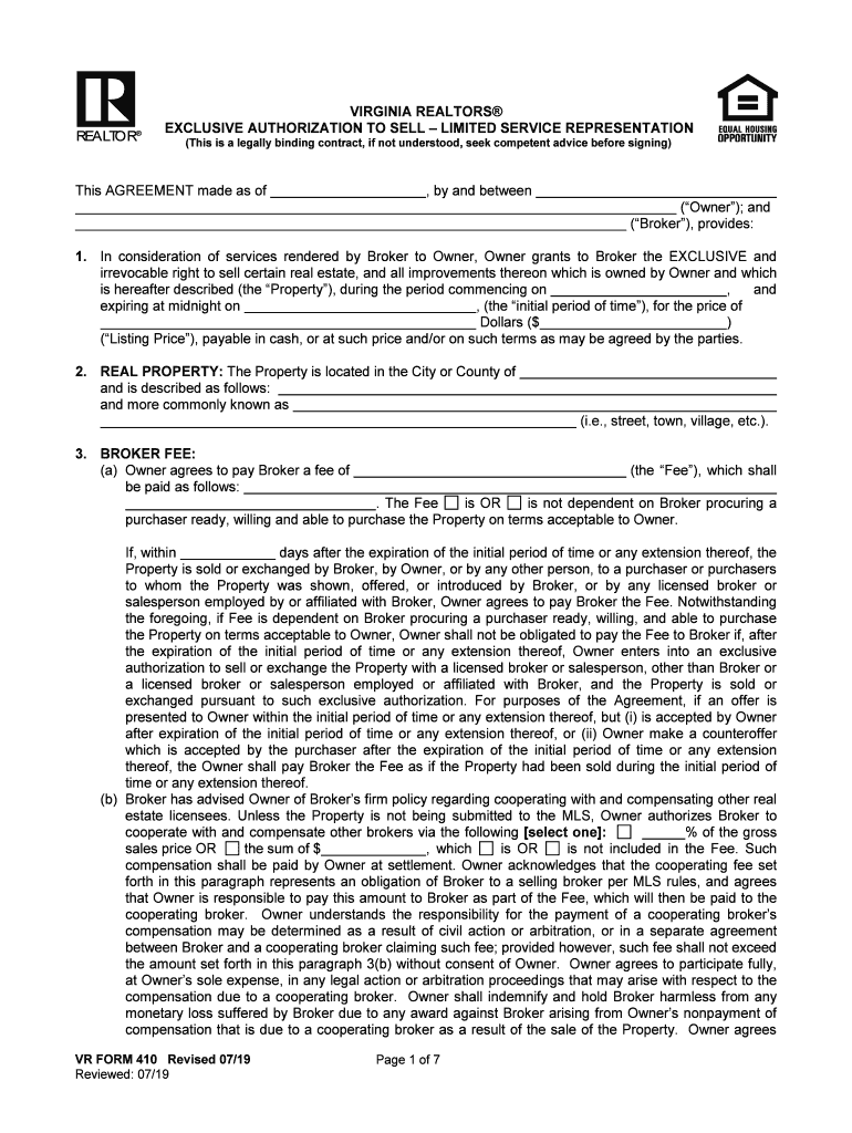 Fillable Online virginia realtors exclusive authorization to sell Fax ...