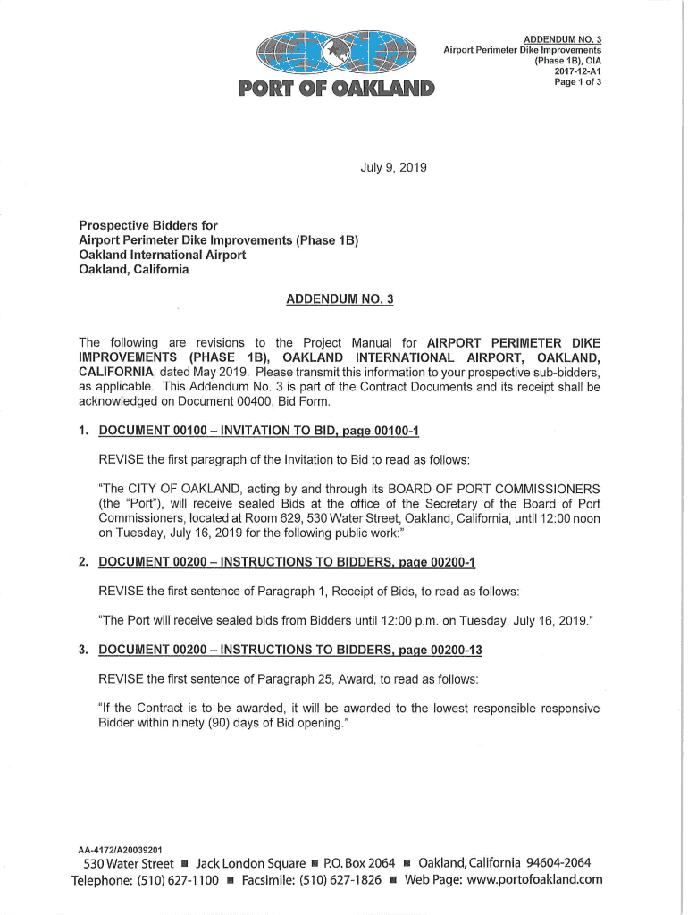 Fillable Online Addendum No. 3 - Bid Extension Notice - Port of Oakland ...