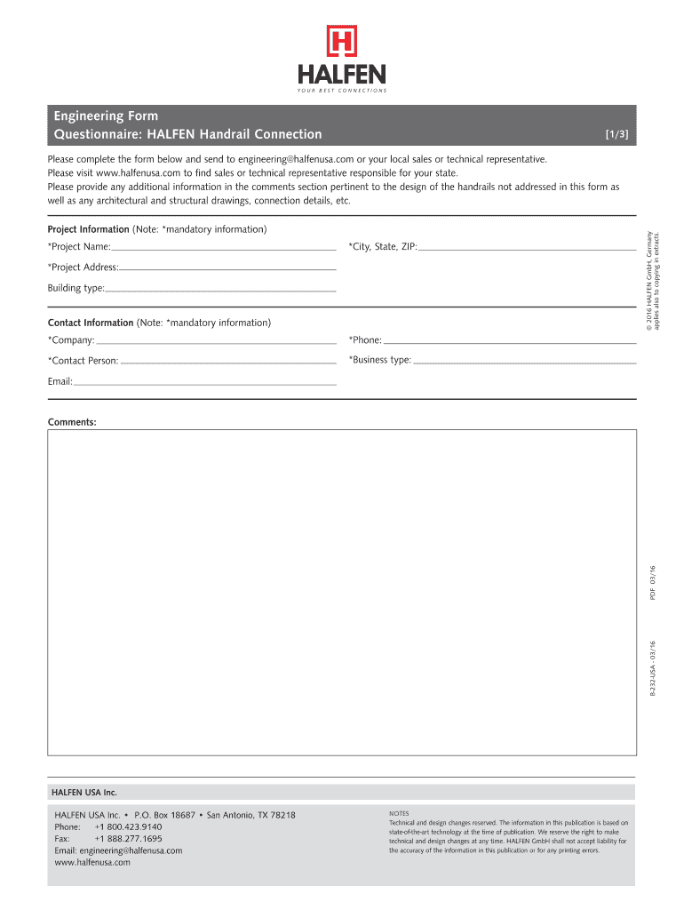 Fillable Online Engineering Form Questionnaire: HALFEN Handrail Connection Fax Email Print ...