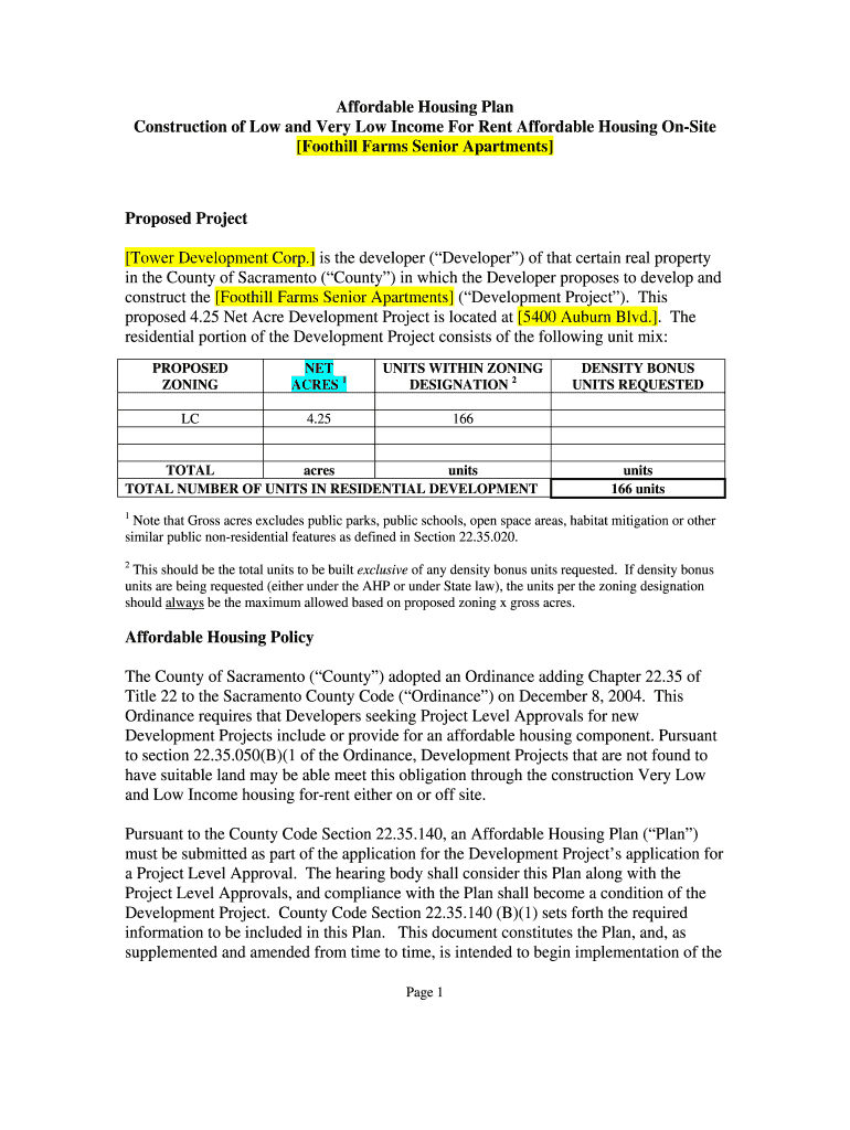 Fillable Online Affordable Housing Plan Template - Sacramento County ...