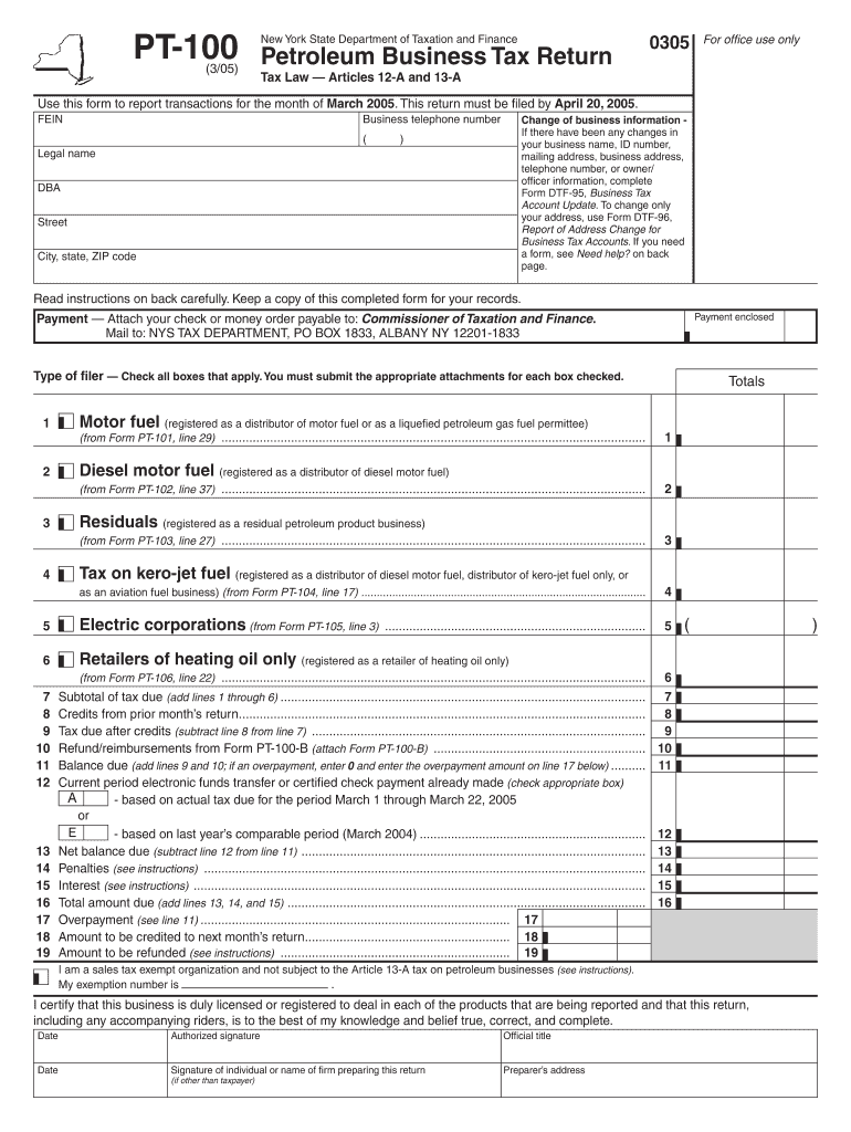 Fillable Online Form PT-100:03/05: Petroleum Business Tax Return, pt100 ...