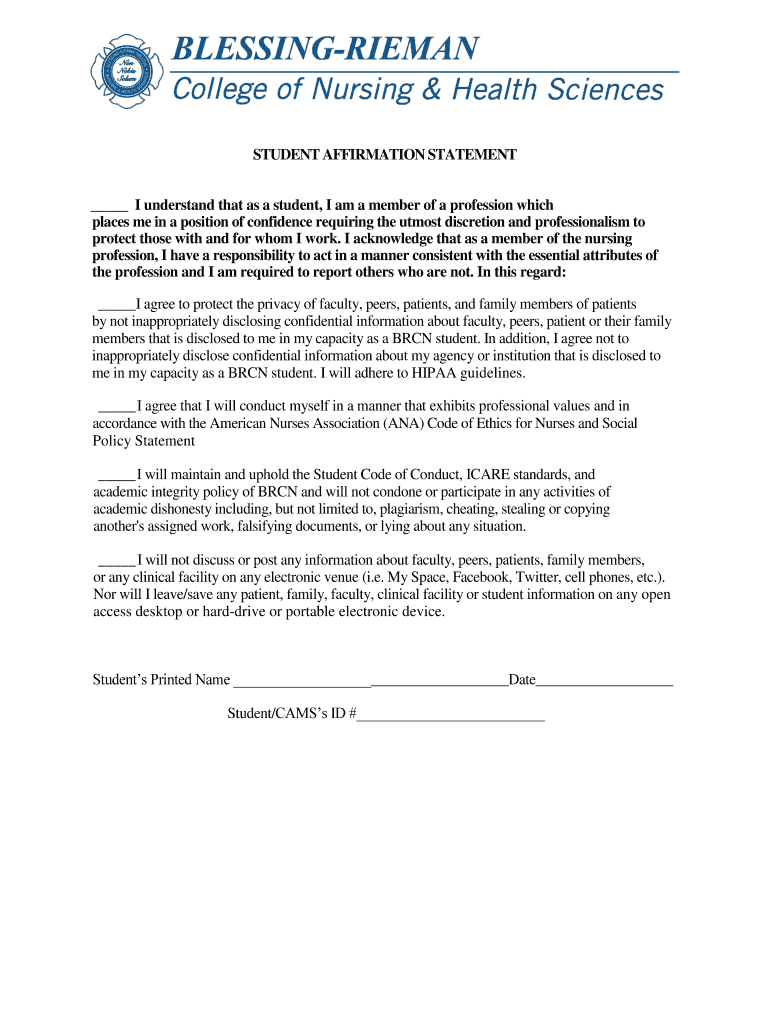 Fillable Online STUDENT AFFIRMATION STATEMENT member of a profession ...
