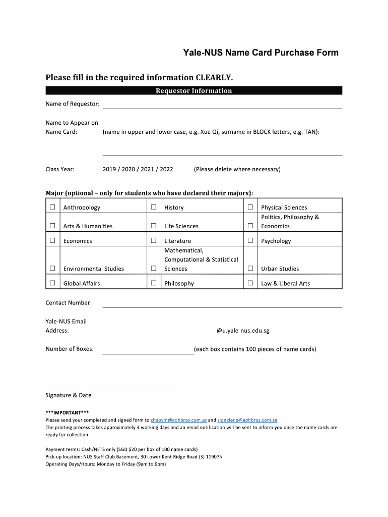 Fillable Online cipe yale-nus edu Yale-NUS Name Card Purchase Form ...