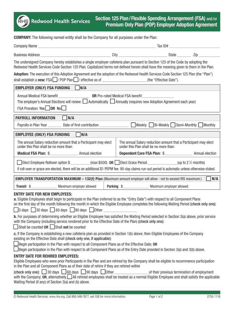 Fillable Online Section 125 Plan / Flexible Spending Arrangement (FSA ...