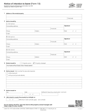 Fillable Online Fillable Online RTA Form 13 - Notice of Intention to ...
