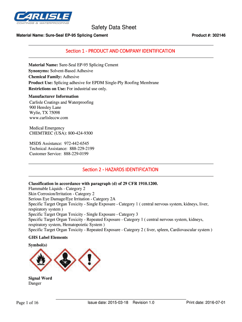 Fillable Online Sure-Seal EP-95 Splicing Cement - SDS. SDS for Sure ...