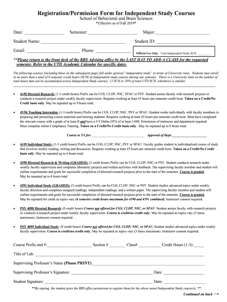 Fillable Online bbs utdallas Permission Form for Independent Study Courses Fax Email Print ...