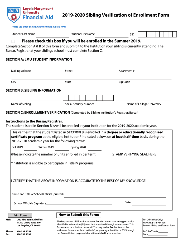 Fillable Online financialaid lmu 2019-2020 Sibling Verification of ...