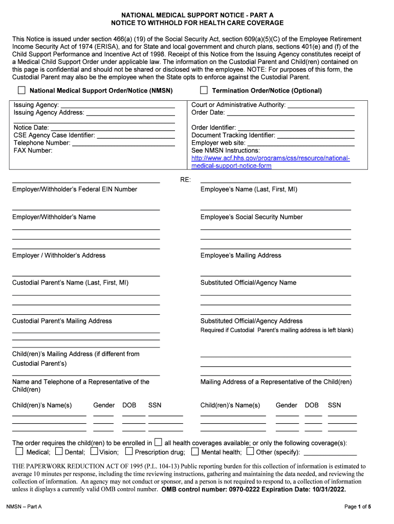 Fillable Online NATIONAL MEDICAL SUPPORT NOTICE PART A NOTICE TO ...