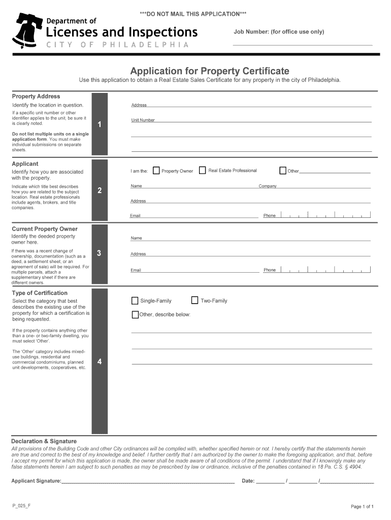 PA Application For Property Certificate - Philadelphia City 2019-2022 ...