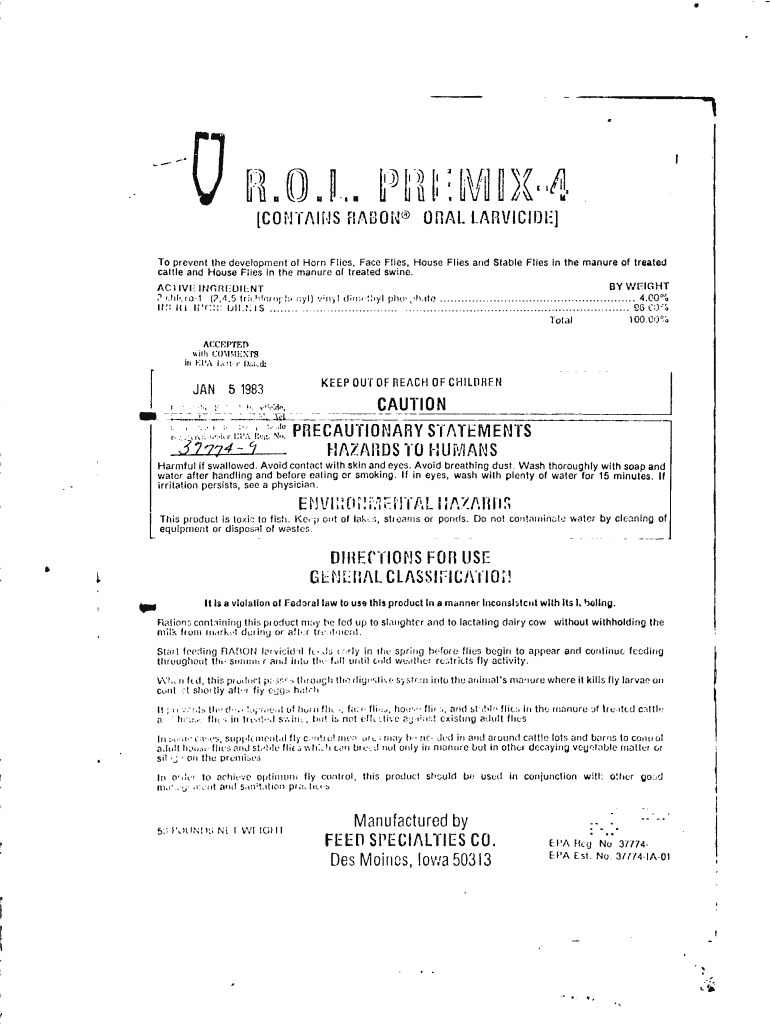 Fillable Online U.S. EPA, Pesticide Product Label, R. O. L. PREMIX 4 ...