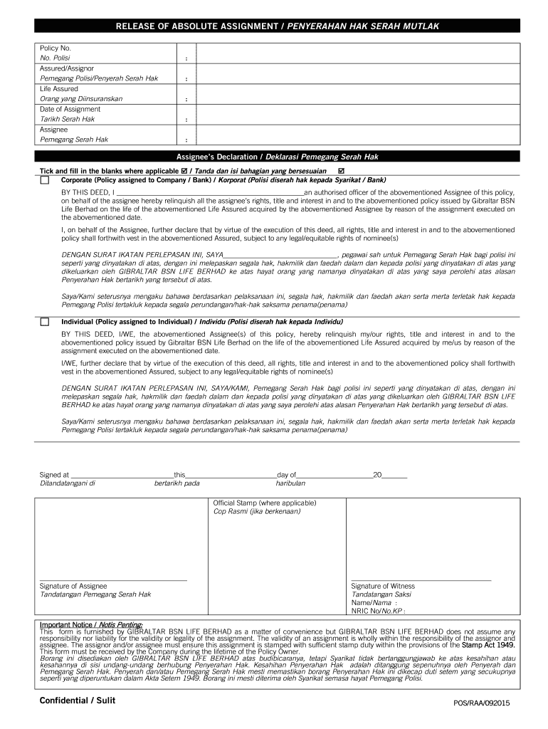 Fillable Online RELEASE OF ABSOLUTE ASSIGNMENT / PENYERAHAN HAK SERAH ...