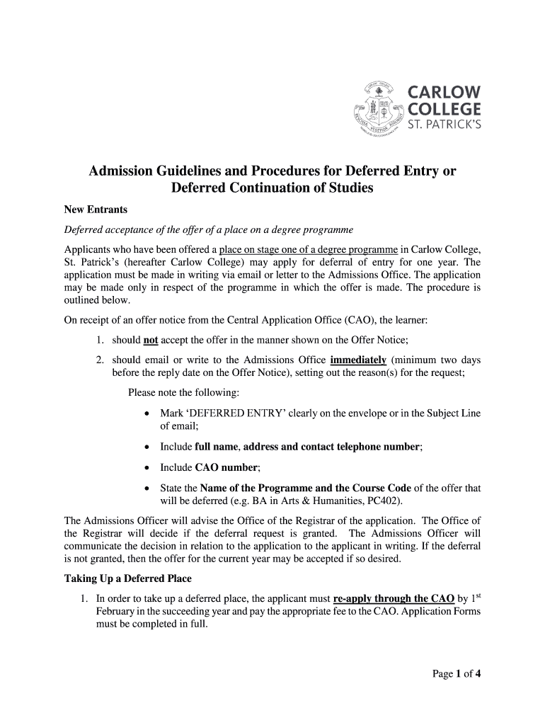 Fillable Online Admission Guidelines and Procedures for Deferred Entry ...