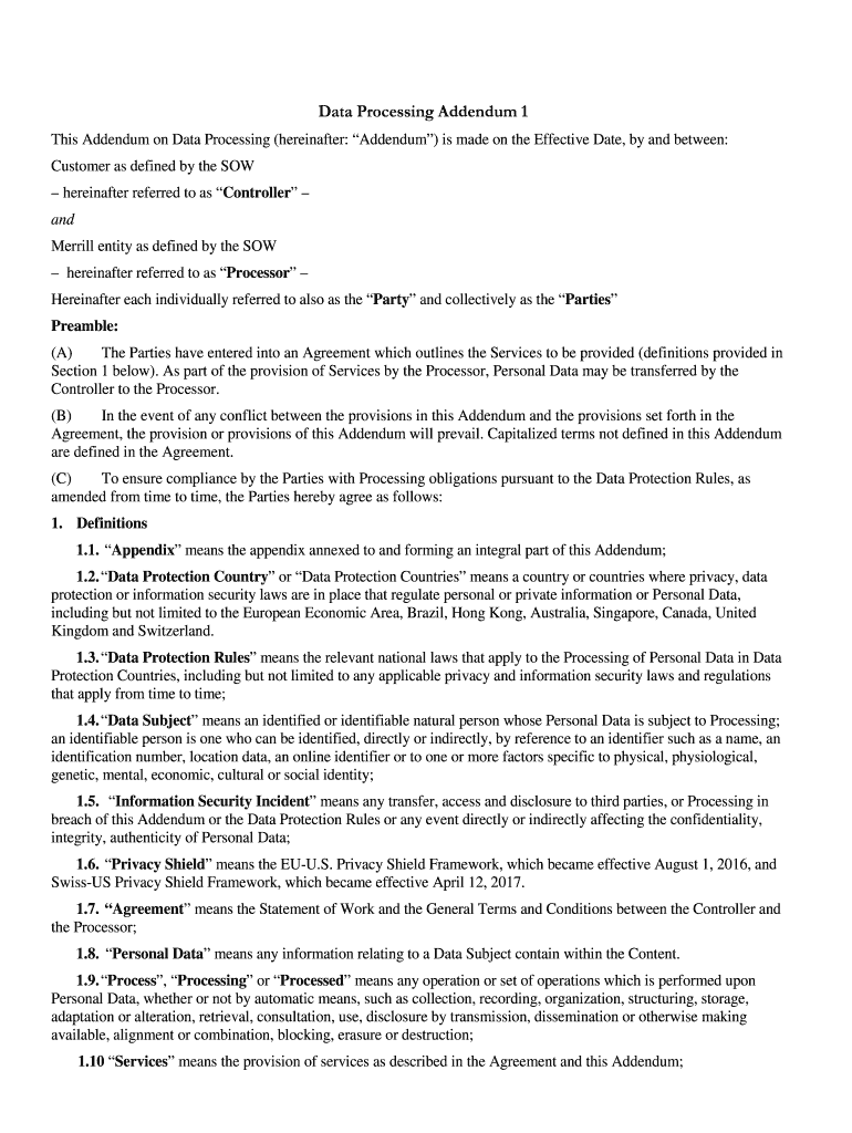 Fillable Online Addendum 1 to Agreement Data Processing Fax Email Print ...