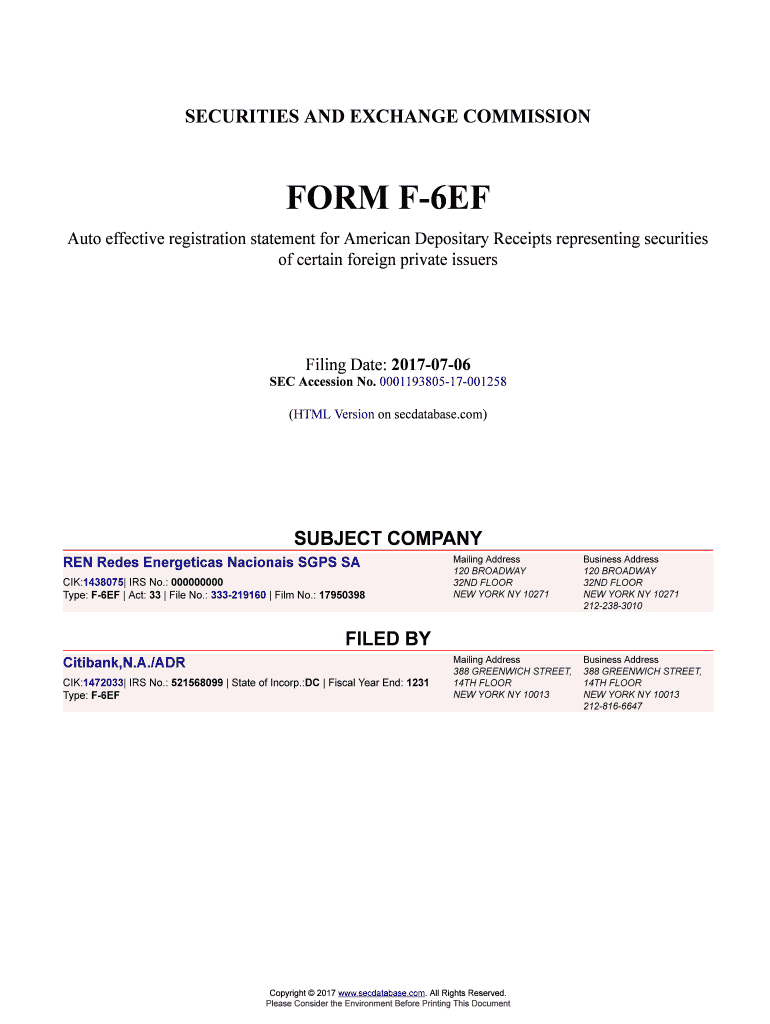 Fillable Online REN Redes Energeticas Nacionais SGPS SA Form F-6EF ...