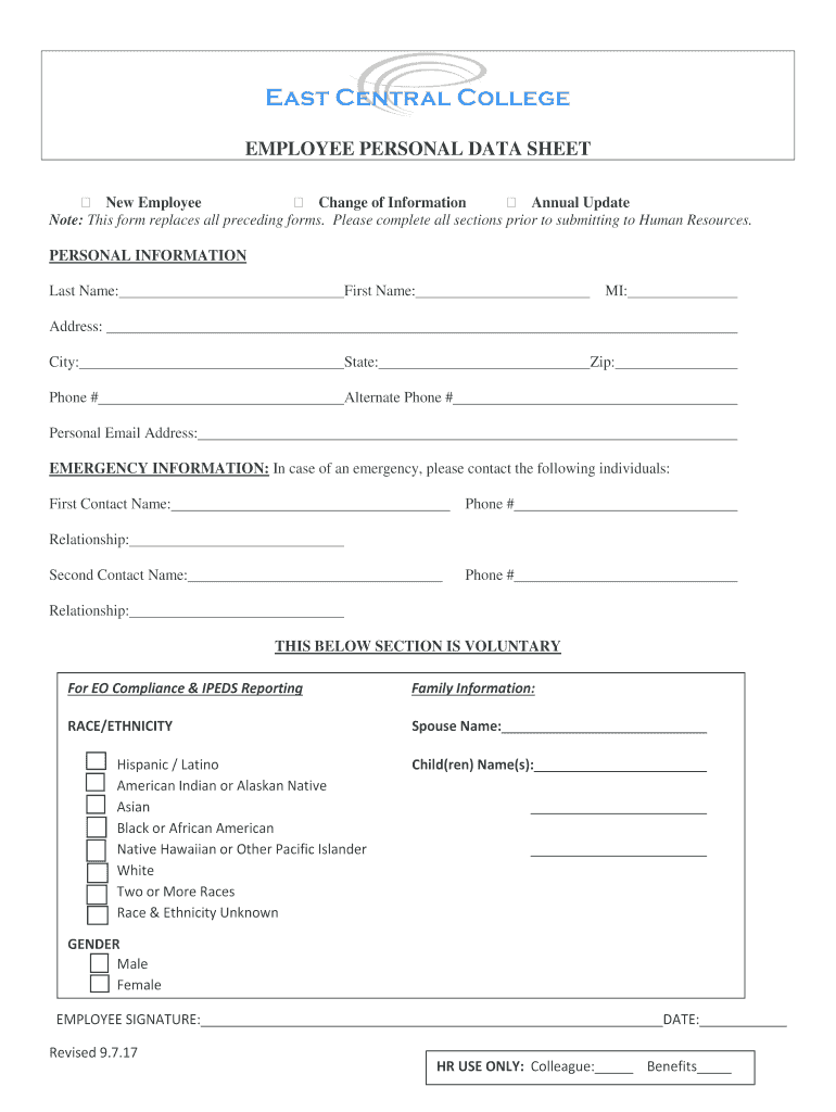 Fillable Online EMPLOYEE PERSONAL DATA SHEET Fax Email Print - pdfFiller