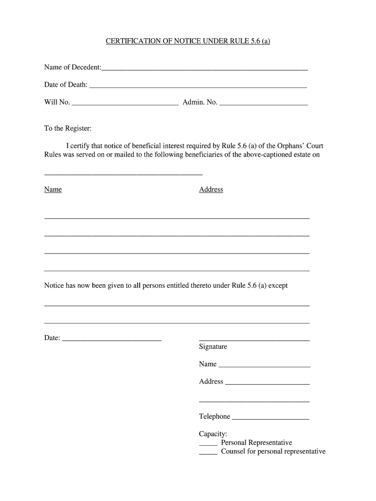 Fillable Online CERTIFICATION OF NOTICE UNDER RULE 5 Fax Email Print ...