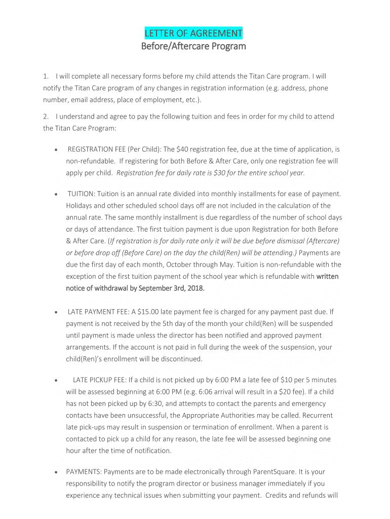 Fillable Online LETTER OF AGREEMENT Before/Aftercare Program Fax Email ...