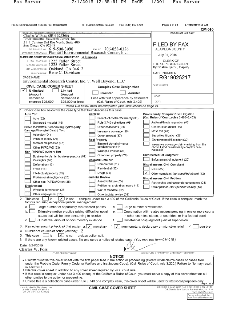 Fillable Online oag ca CM-010 Civil Case Cover Sheet - courts.ca.gov ...