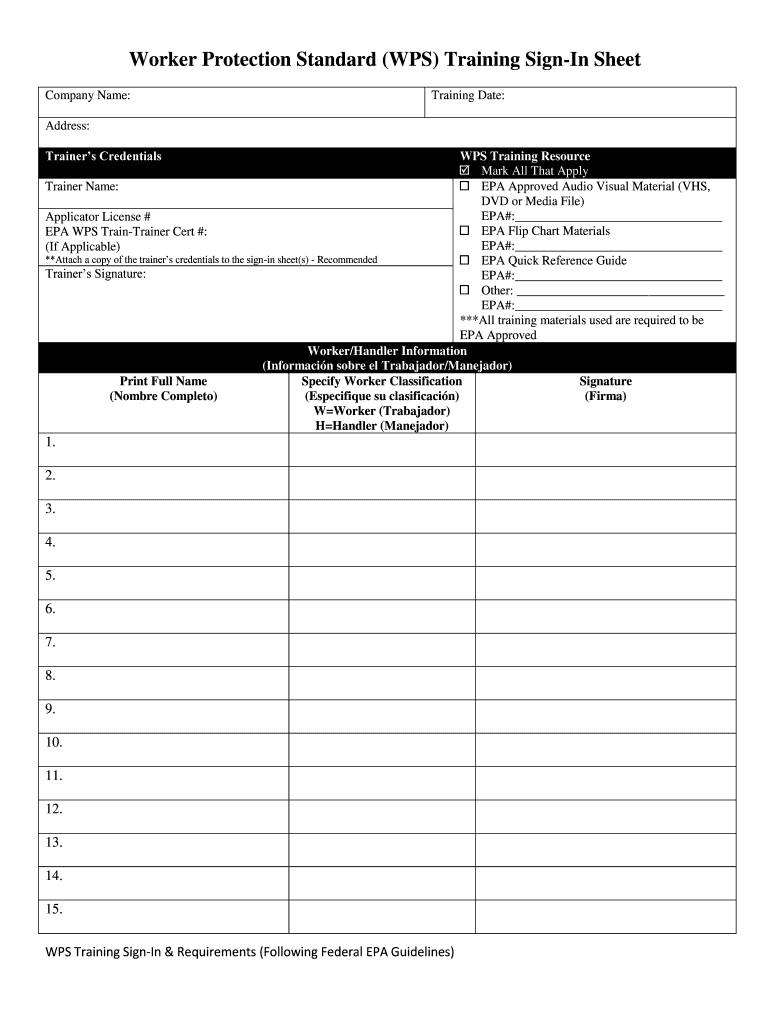 Fillable Online Worker Protection Standard (WPS) Training Sign-In Sheet ...