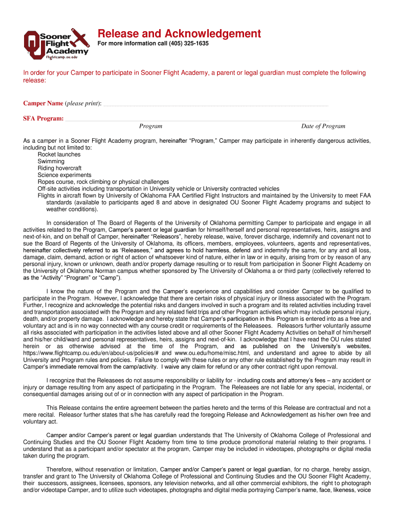 Fillable Online flightcamp ou Release and Acknowledgement - OU Sooner ...