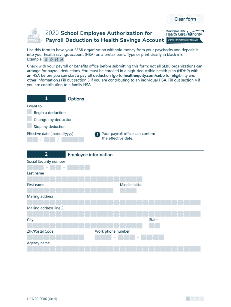 Fillable Online School Employee Health Savings Account Deduction ...