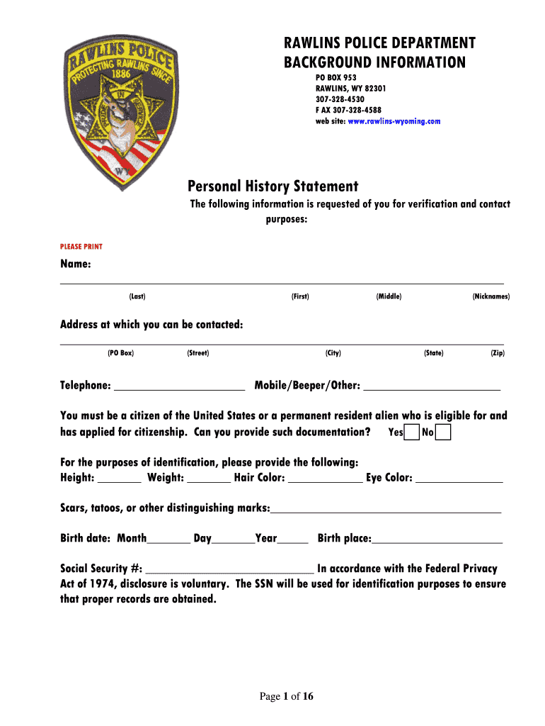 Fillable Online RAWLINS POLICE DEPARTMENT BACKGROUND INFORMATION Fax ...