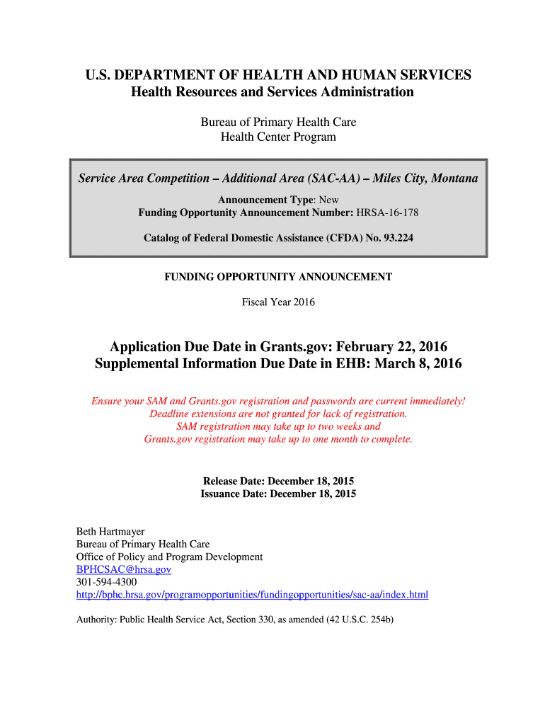 Fillable Online grants hrsa Funding Opportunity Announcement HRSA-16-178. Service Area ...