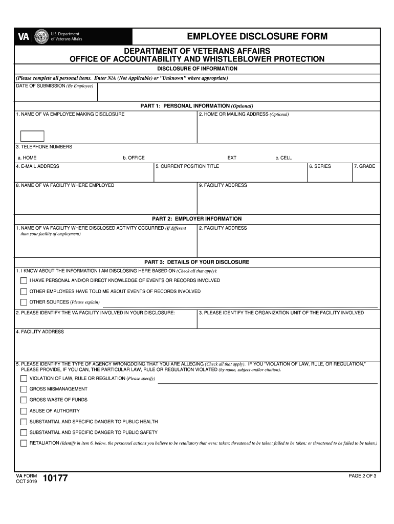 Fillable Online VA Form 10177, EMPLOYEE DISCLOSURE FORM. 10177 ...