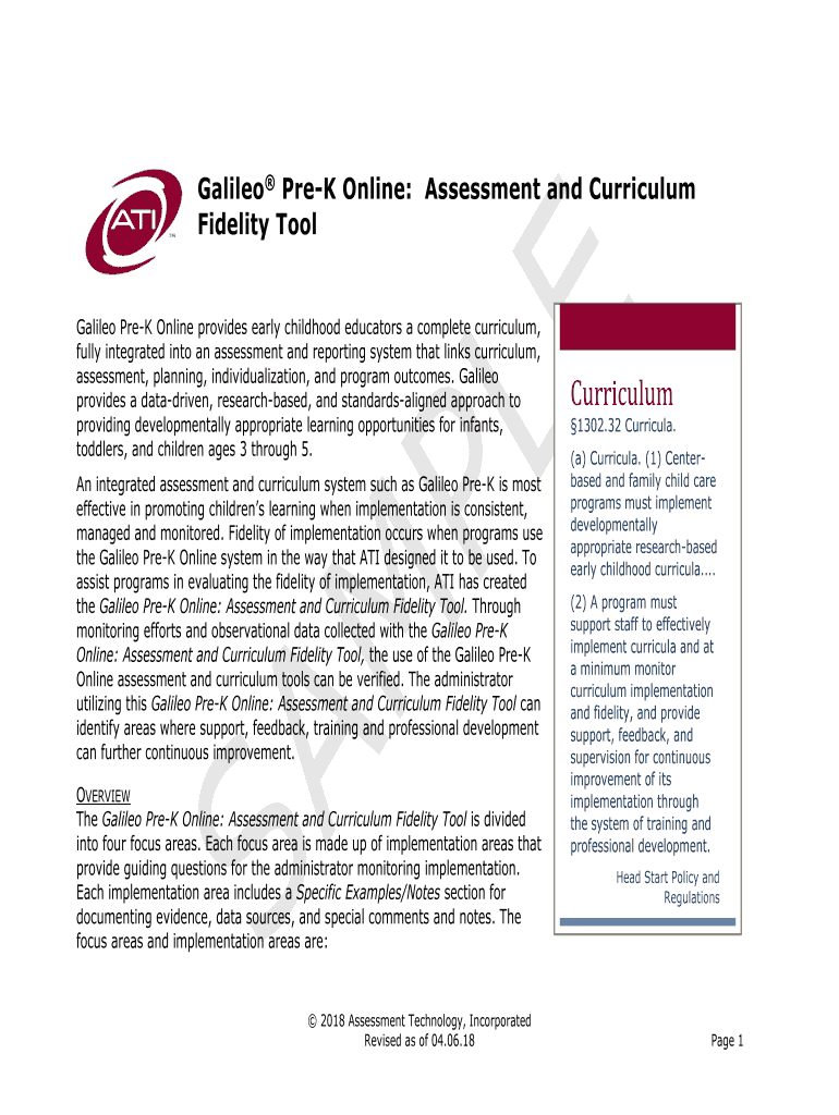 Fillable Online Galileo Pre-K Online: Assessment and Curriculum ...