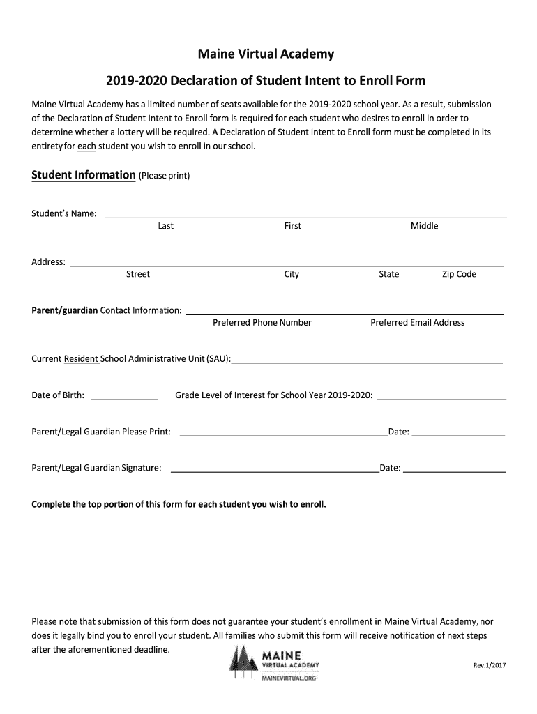 Fillable Online Maine Virtual Academy 2019-2020 Declaration of Student ...